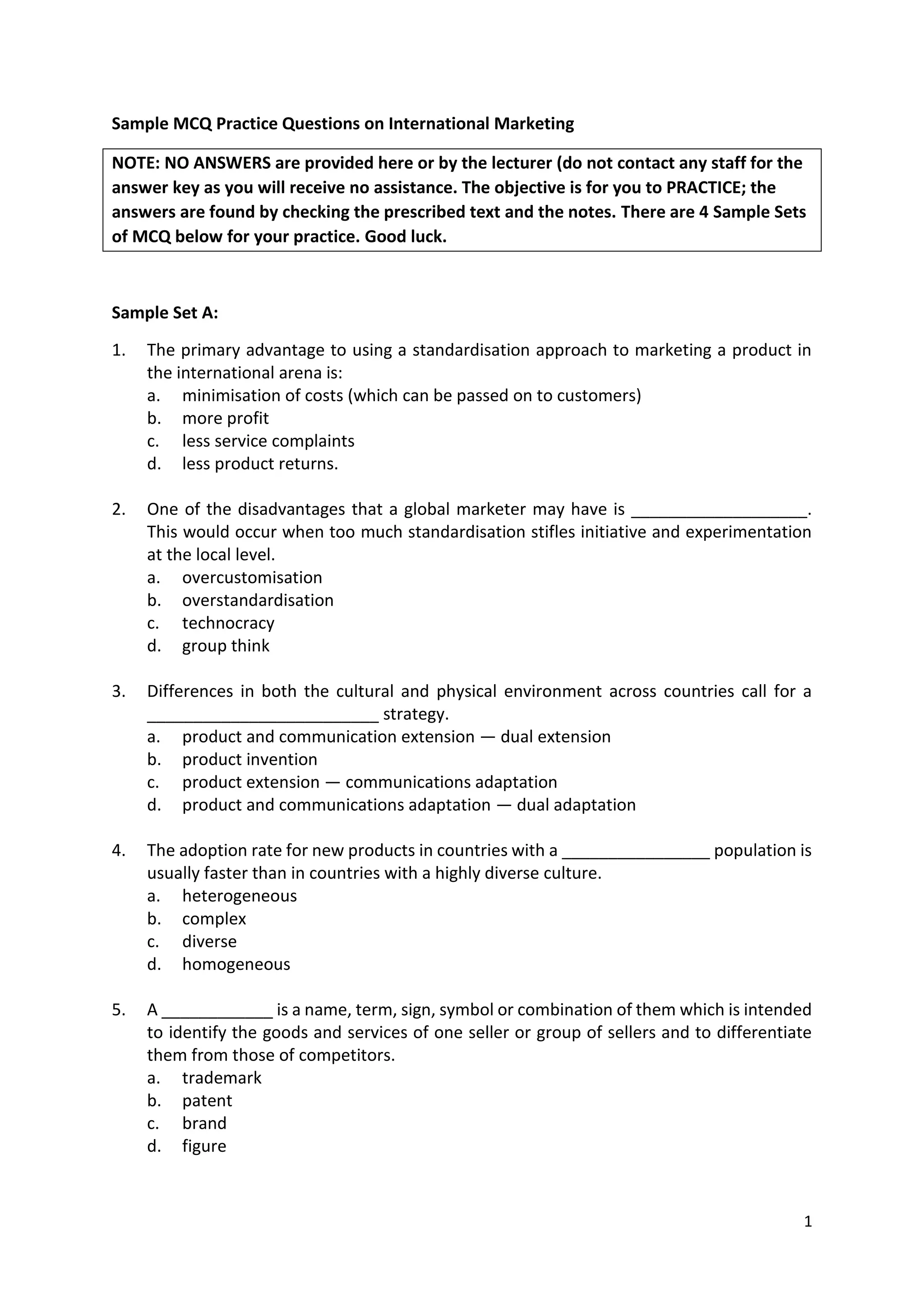 Sample MCQ Practice Questions on International Marketing (April 2014 ...