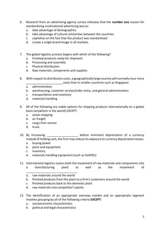Sample MCQ Practice Questions on International Marketing (April 2014) | PDF