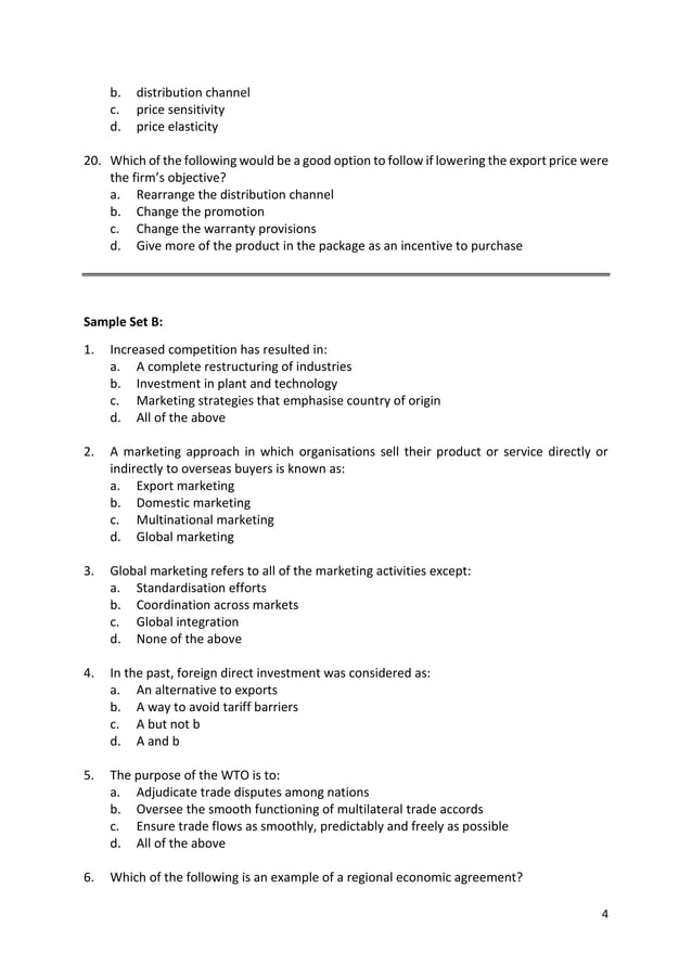 Sample MCQ Practice Questions on International Marketing (April 2014) | PDF | Advertising ...