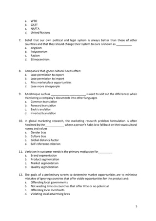 Sample MCQ Practice Questions on International Marketing (April 2014) | PDF