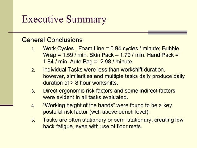 Sample Mfg Company Ergo Eval Summary | PPT | Physical Therapy | Wellness