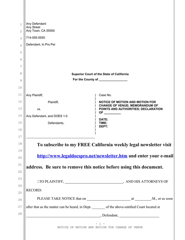 Sample California motion for change of venue | DOC