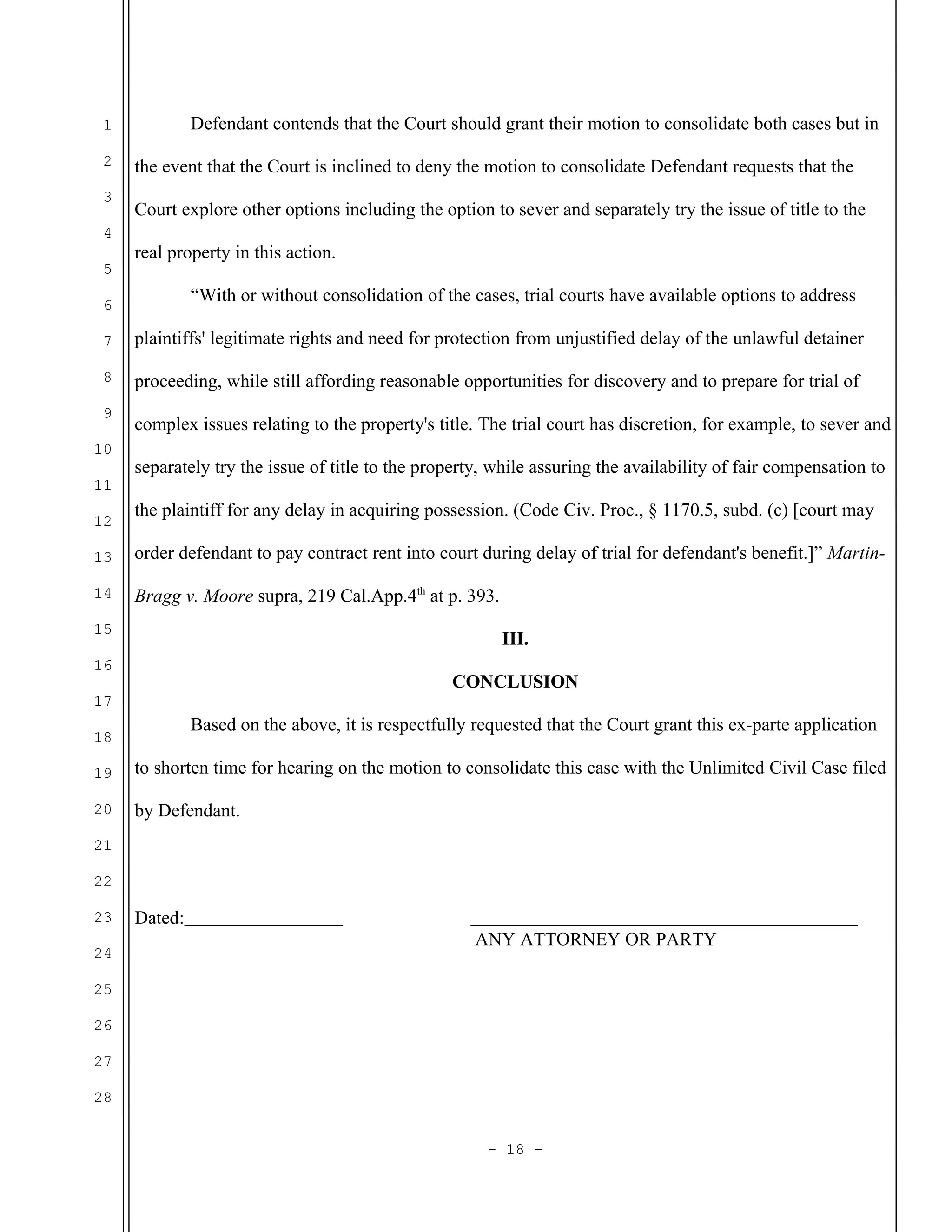 Sample motion for consolidation in unlawful detainer (eviction) in ...