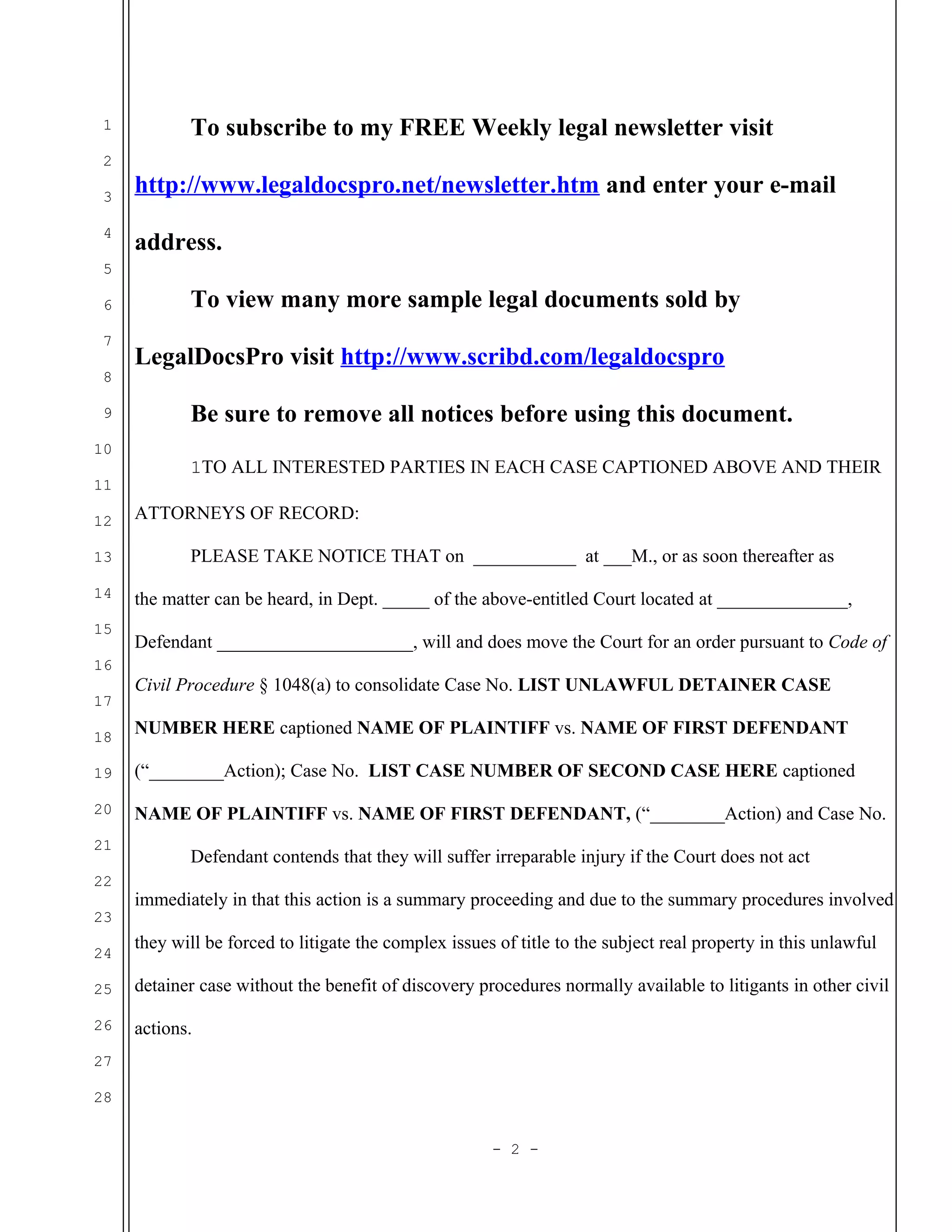 Sample motion for consolidation in unlawful detainer (eviction) in ...