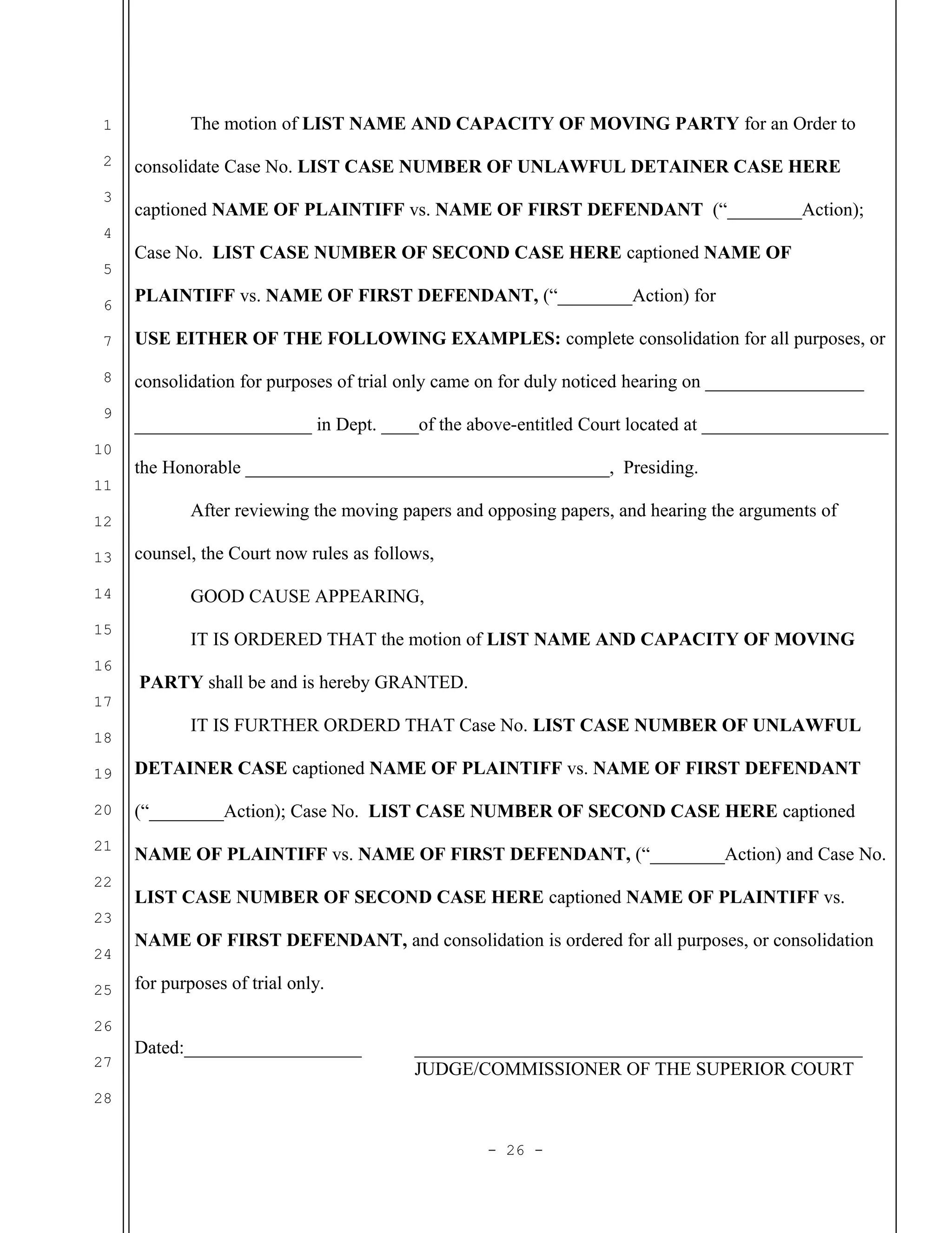 Sample motion for consolidation in unlawful detainer (eviction) in ...