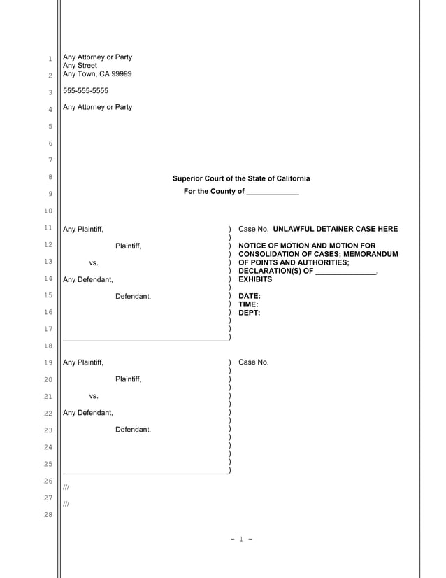 Sample motion for consolidation in unlawful detainer (eviction) in ...
