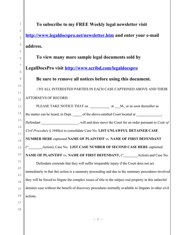 Sample motion for consolidation in unlawful detainer (eviction) in California | DOC
