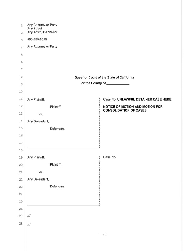 Sample motion for consolidation in unlawful detainer (eviction) in ...