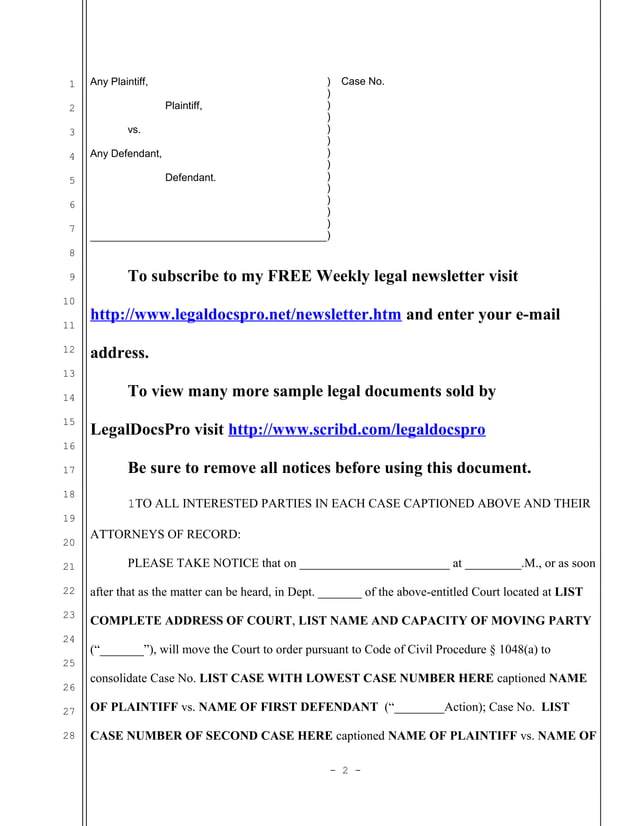 Sample motion for consolidation of cases in California | DOC | Legal ...
