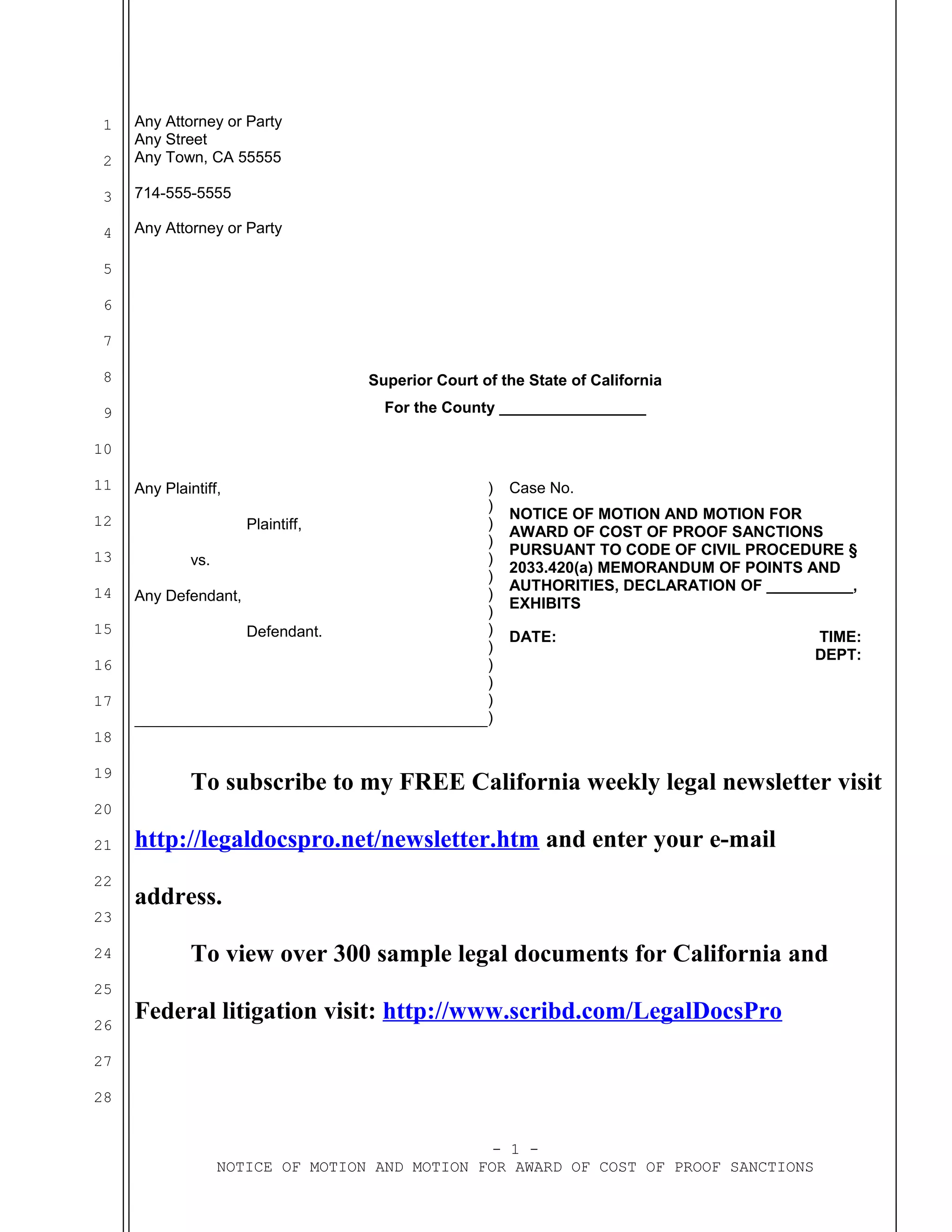 Sample motion for cost of proof sanctions in California | DOC
