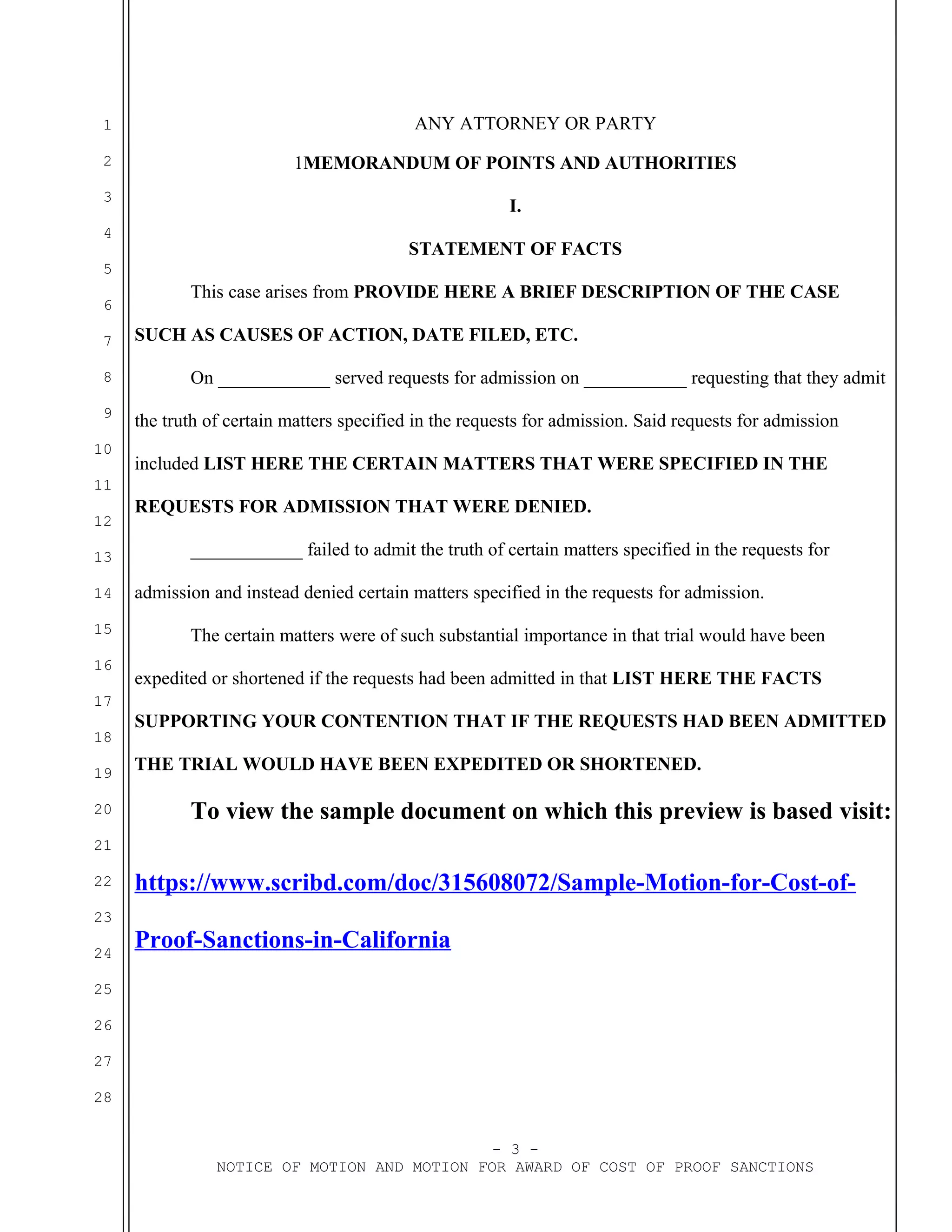 Sample motion for cost of proof sanctions in California | DOC