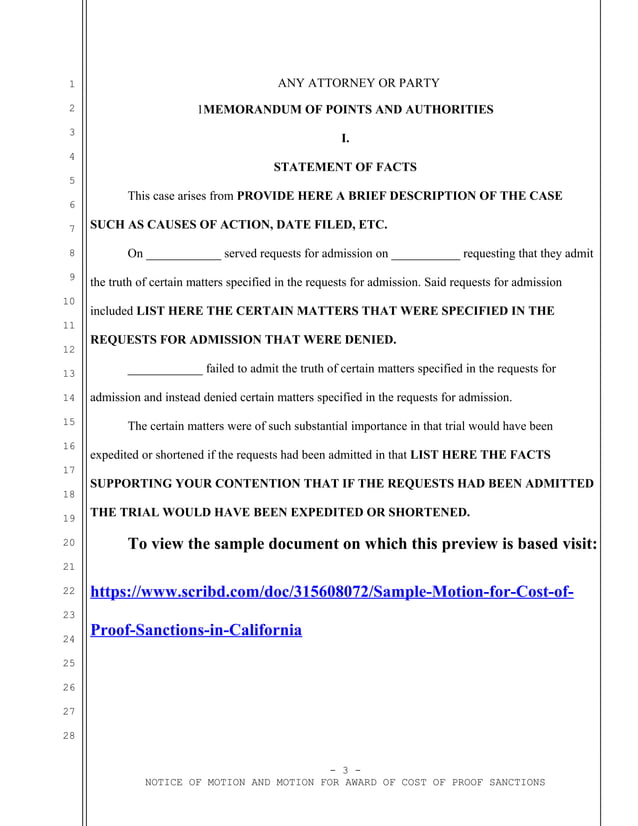 Sample motion for cost of proof sanctions in California | DOC | Law