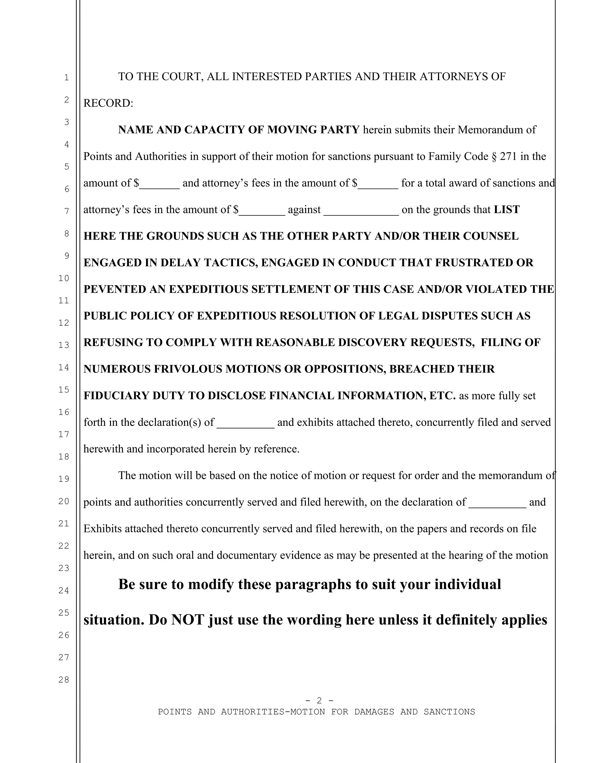 Sample motion for Family Code section 271 sanctions in California | DOC