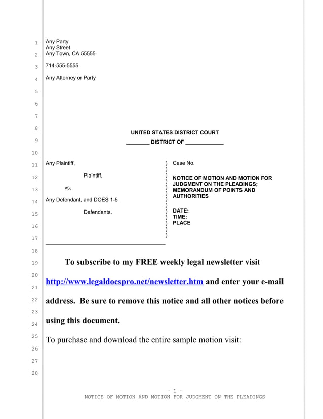Sample motion for judgment on the pleadings under Rule 12(c) of the ...
