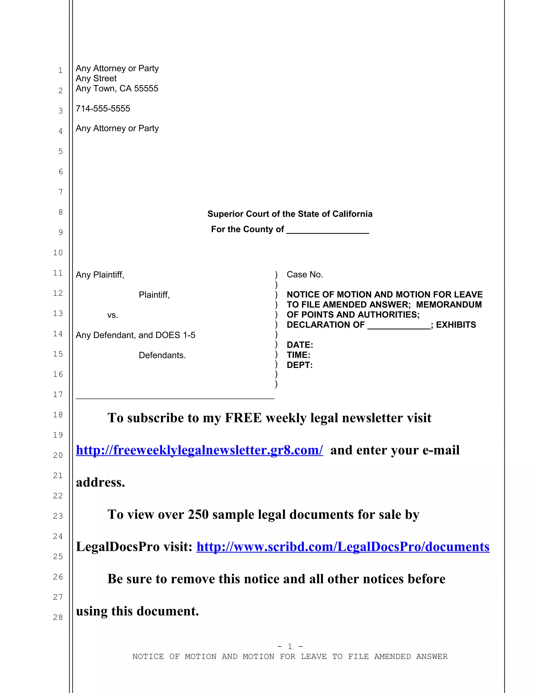 Sample motion for leave to amend answer in California | DOC