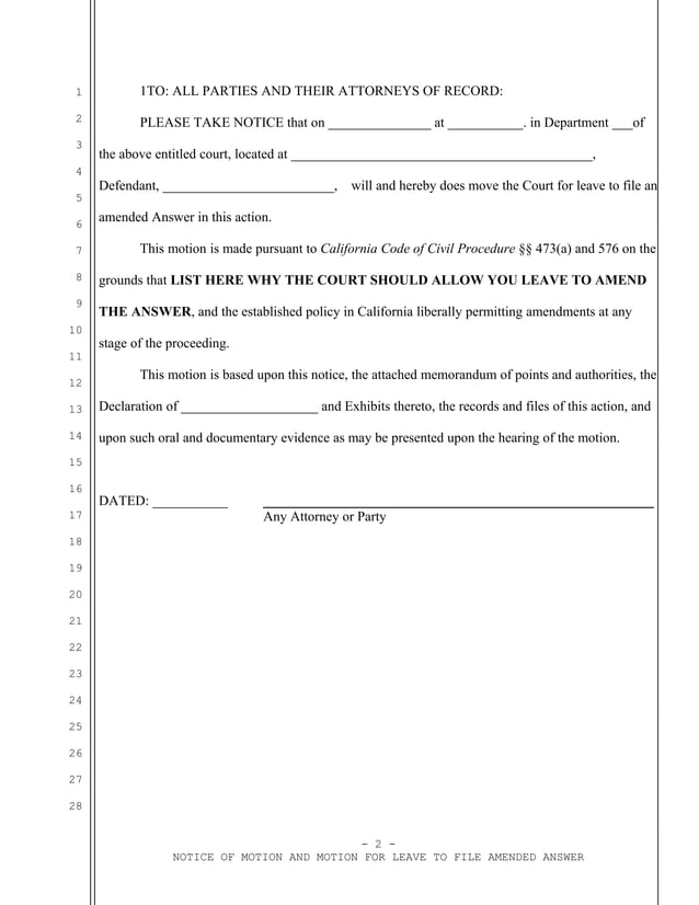 Sample motion for leave to amend answer in California | PDF