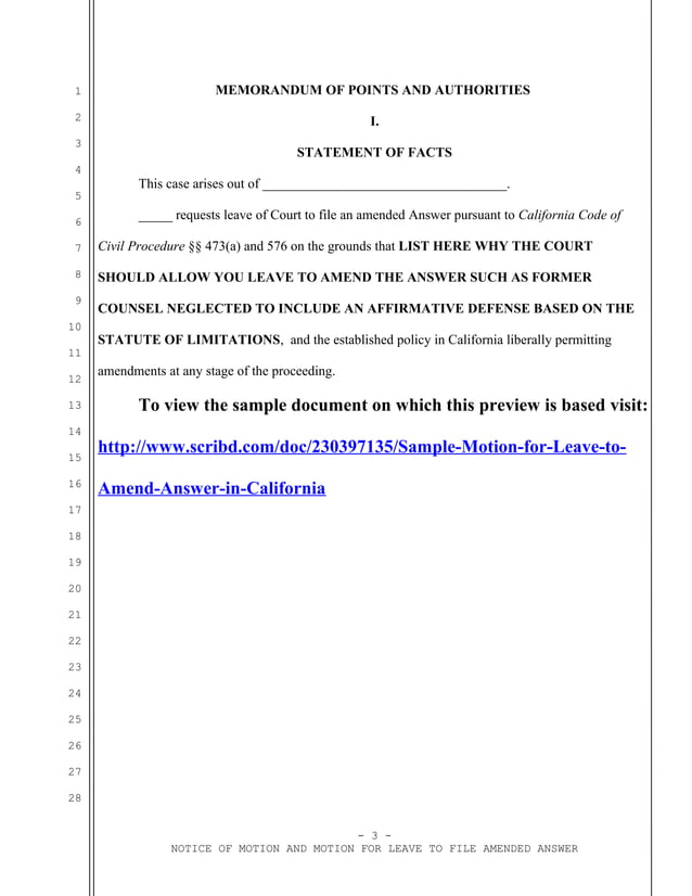 Sample motion for leave to amend answer in California | DOC | Law