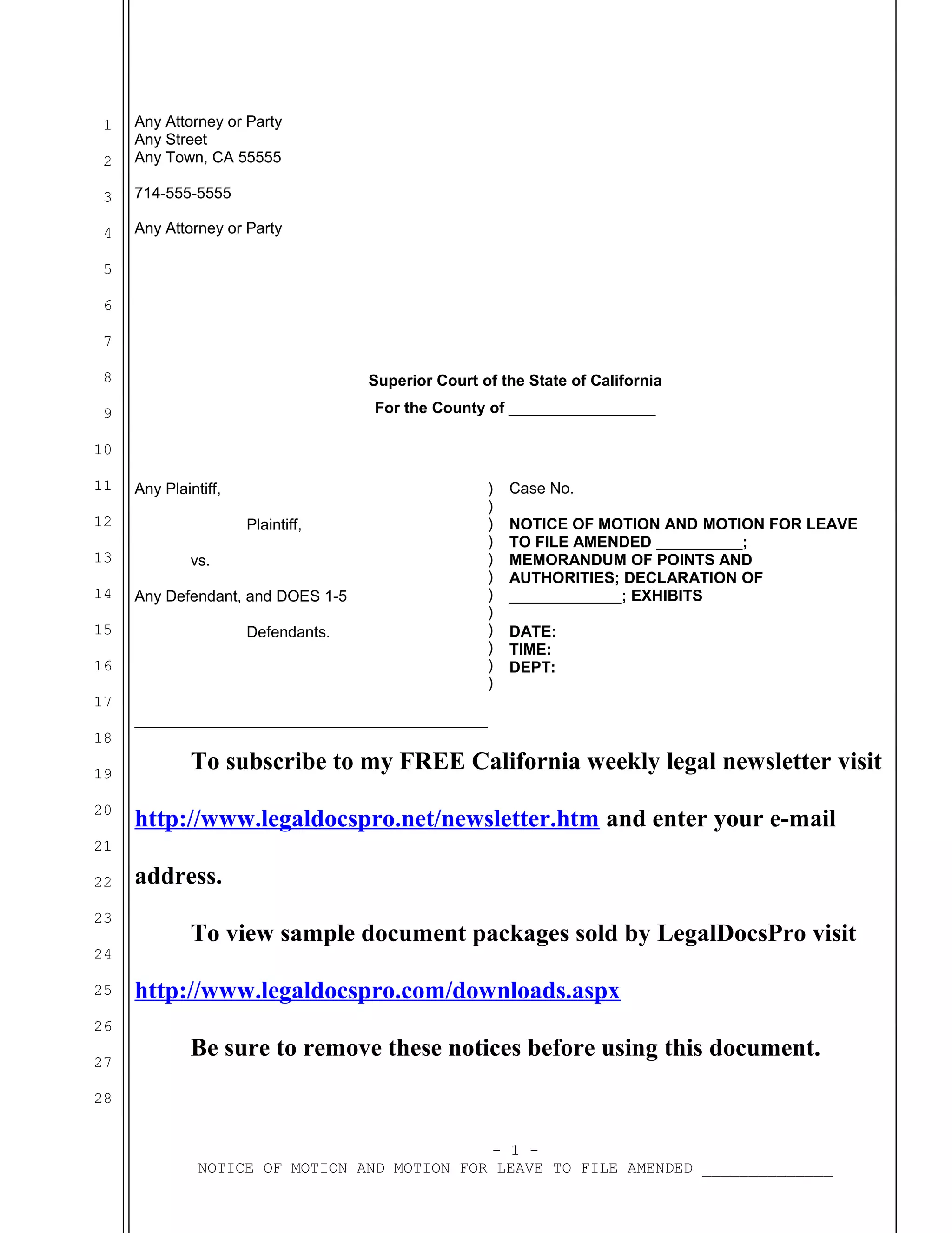 Sample California motion for leave to amend pleading | DOC
