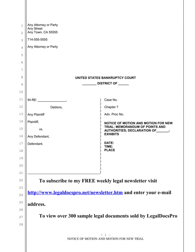 Sample motion for new trial in united states bankruptcy court | PDF