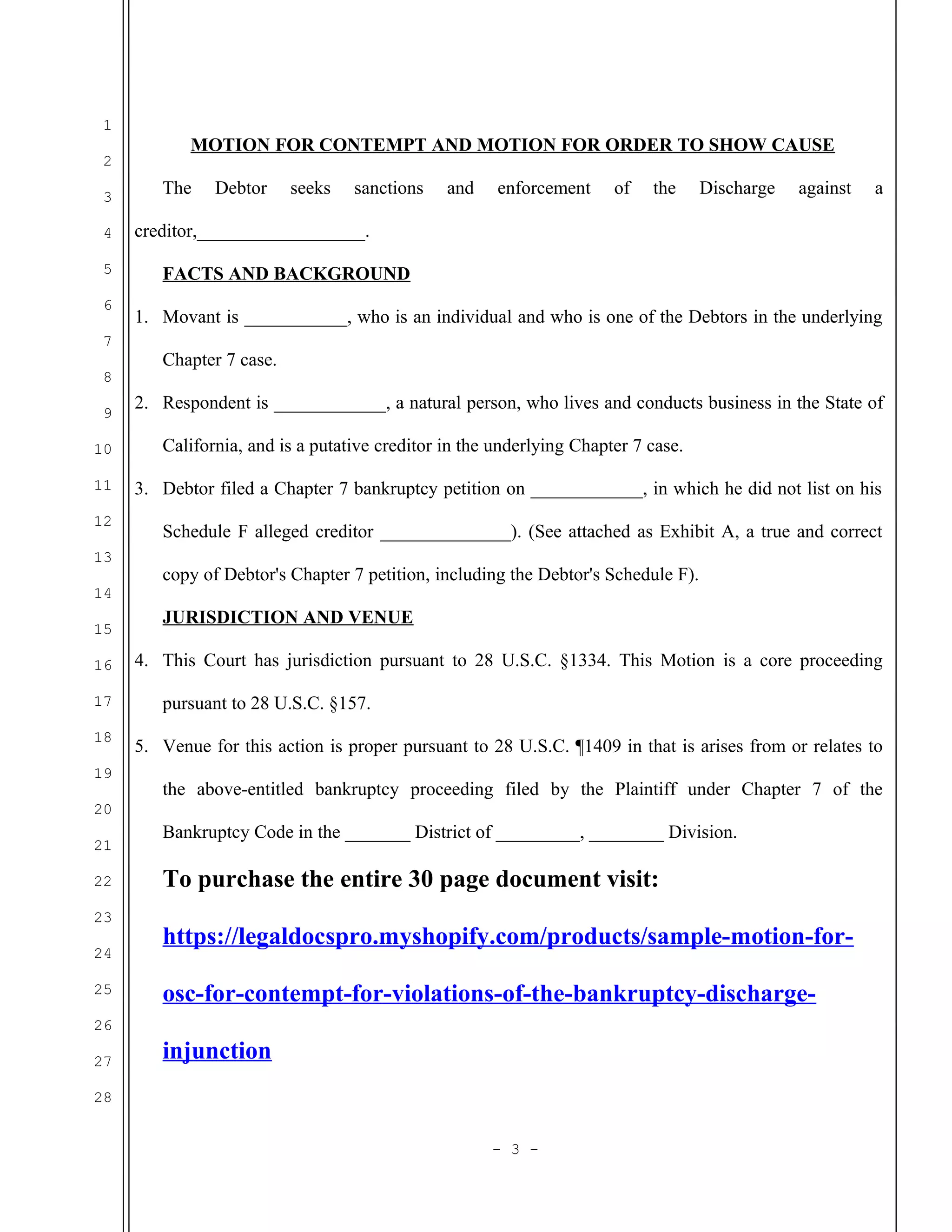 Sample motion for OSC for contempt for violations of the Bankruptcy Discharge Injunction | DOC
