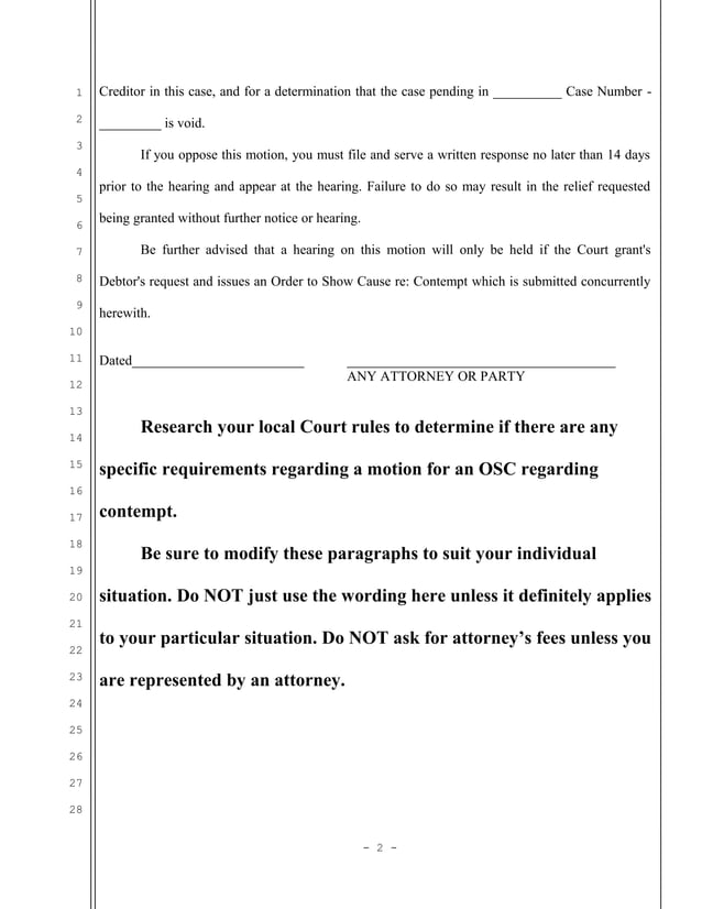 Sample motion for OSC for contempt for violations of the Bankruptcy ...