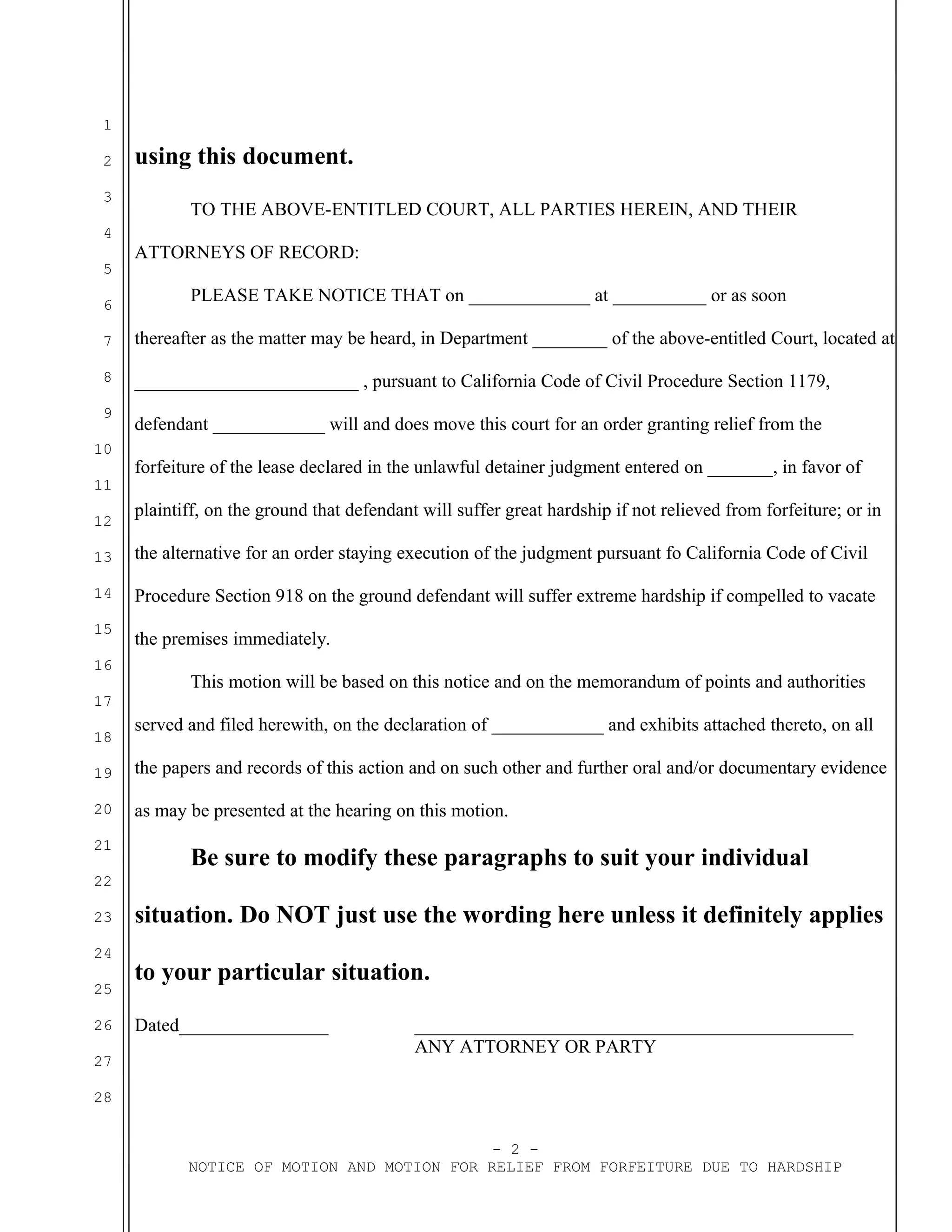 Sample motion for relief from forfeiture of lease in California | DOC