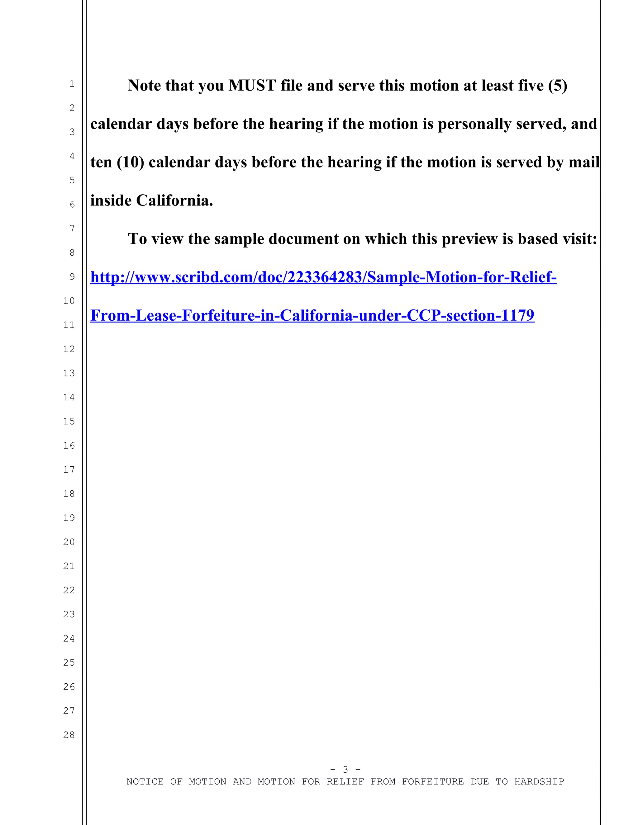 Sample motion for relief from forfeiture of lease in California | DOC