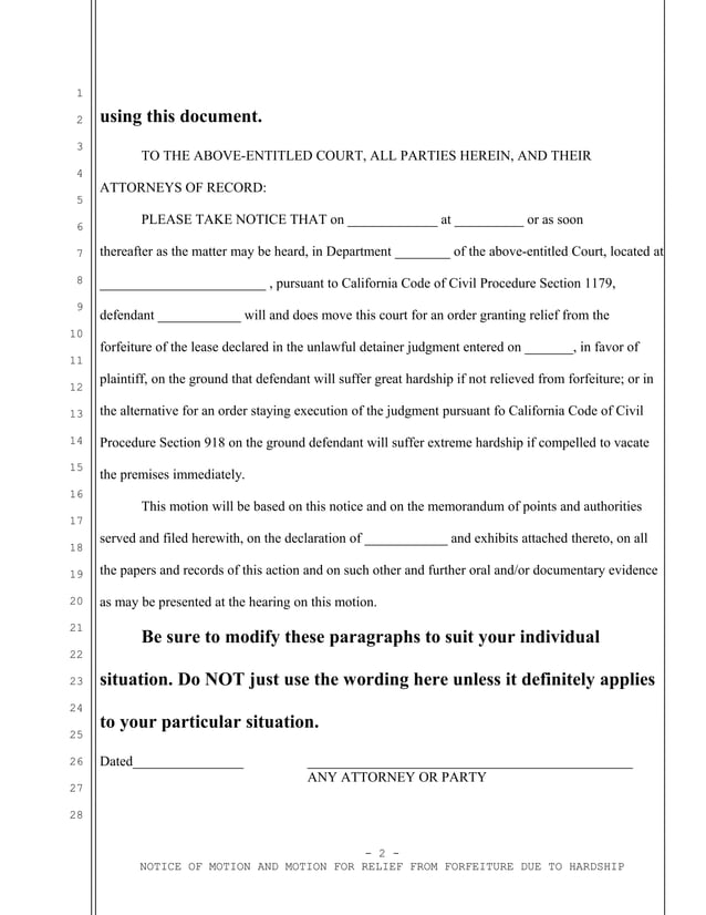 Sample motion for relief from forfeiture of lease in California | DOC