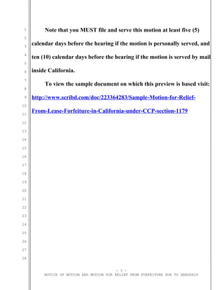 Sample motion for relief from forfeiture of lease in California | DOC