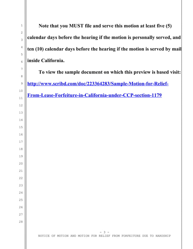 Sample motion for relief from forfeiture of lease in California | DOC