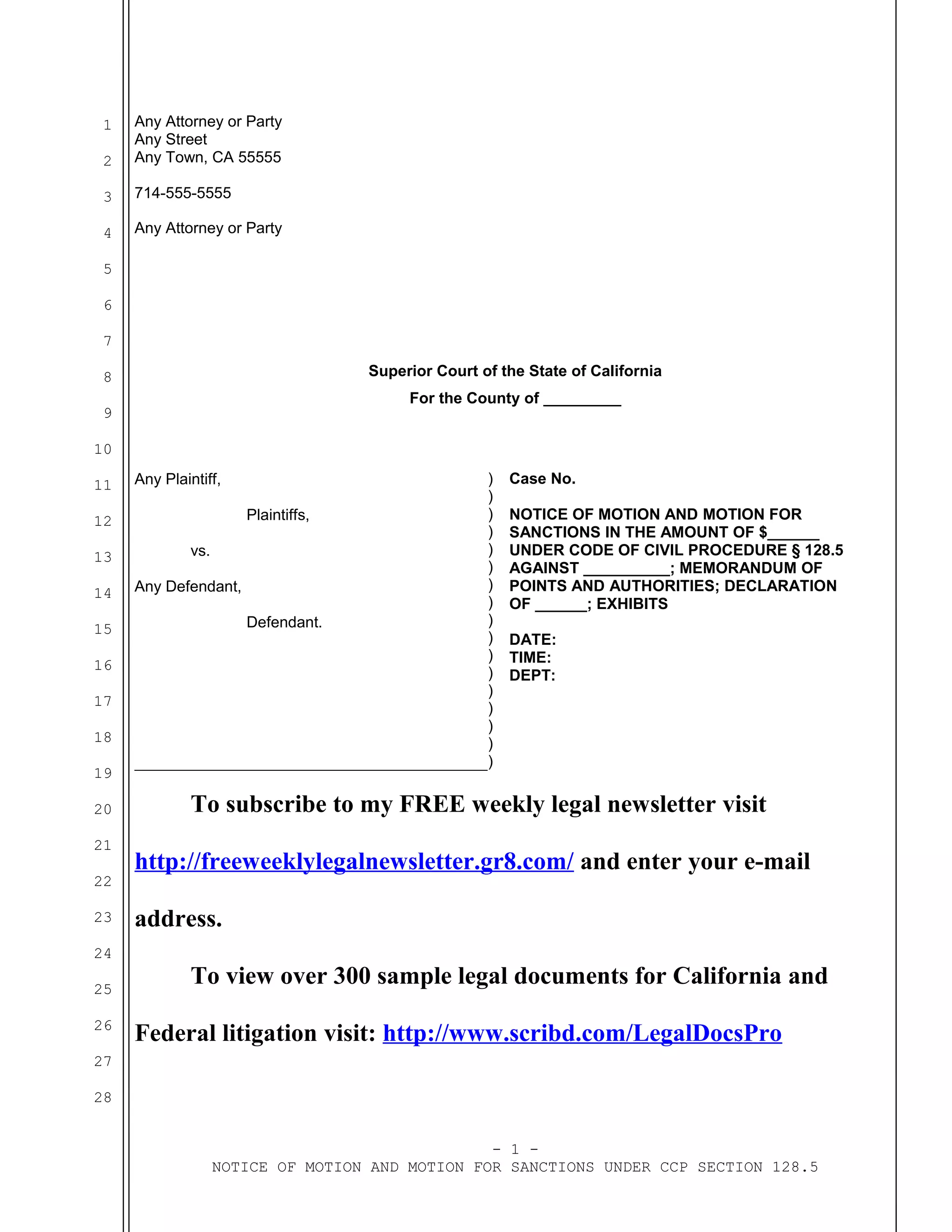 Sample motion for sanctions under Code of Civil Procedure section 128.5 ...