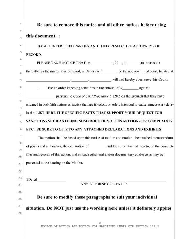 Sample motion for sanctions under Code of Civil Procedure section 128.5 ...