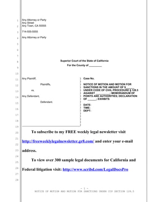 Sample motion for sanctions under Code of Civil Procedure section 128.5 ...
