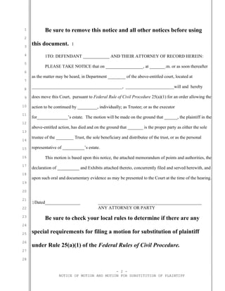 Sample motion for substitution of plaintiff in United States District ...
