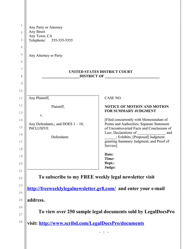 Sample motion for summary judgment by plaintiff in United States ...