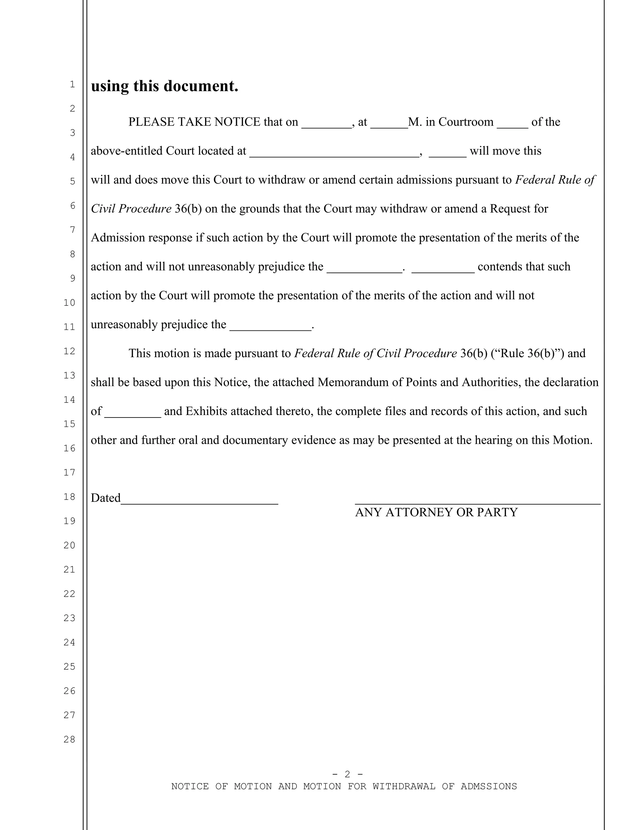 Sample motion for withdrawal of admissions under Rule 36(b) | DOC