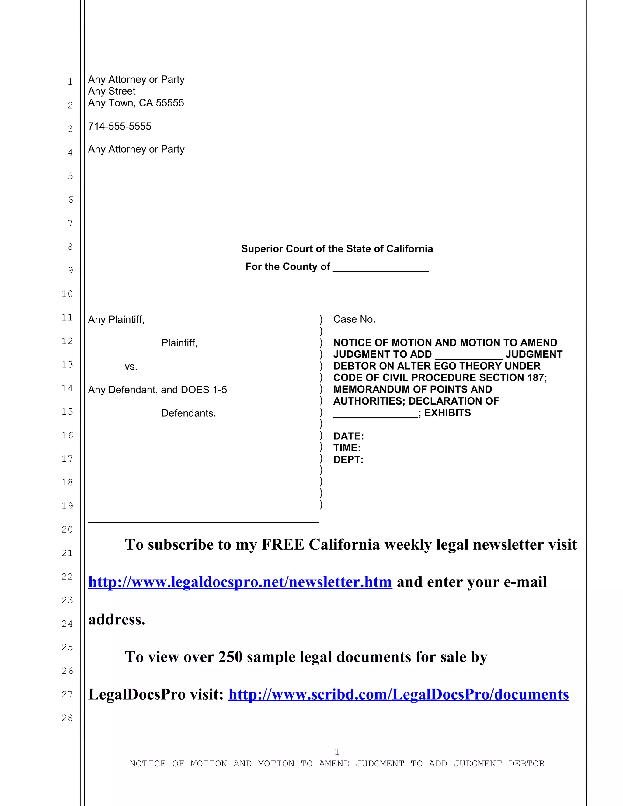 Sample California motion to amend judgment to add judgment debtor on ...