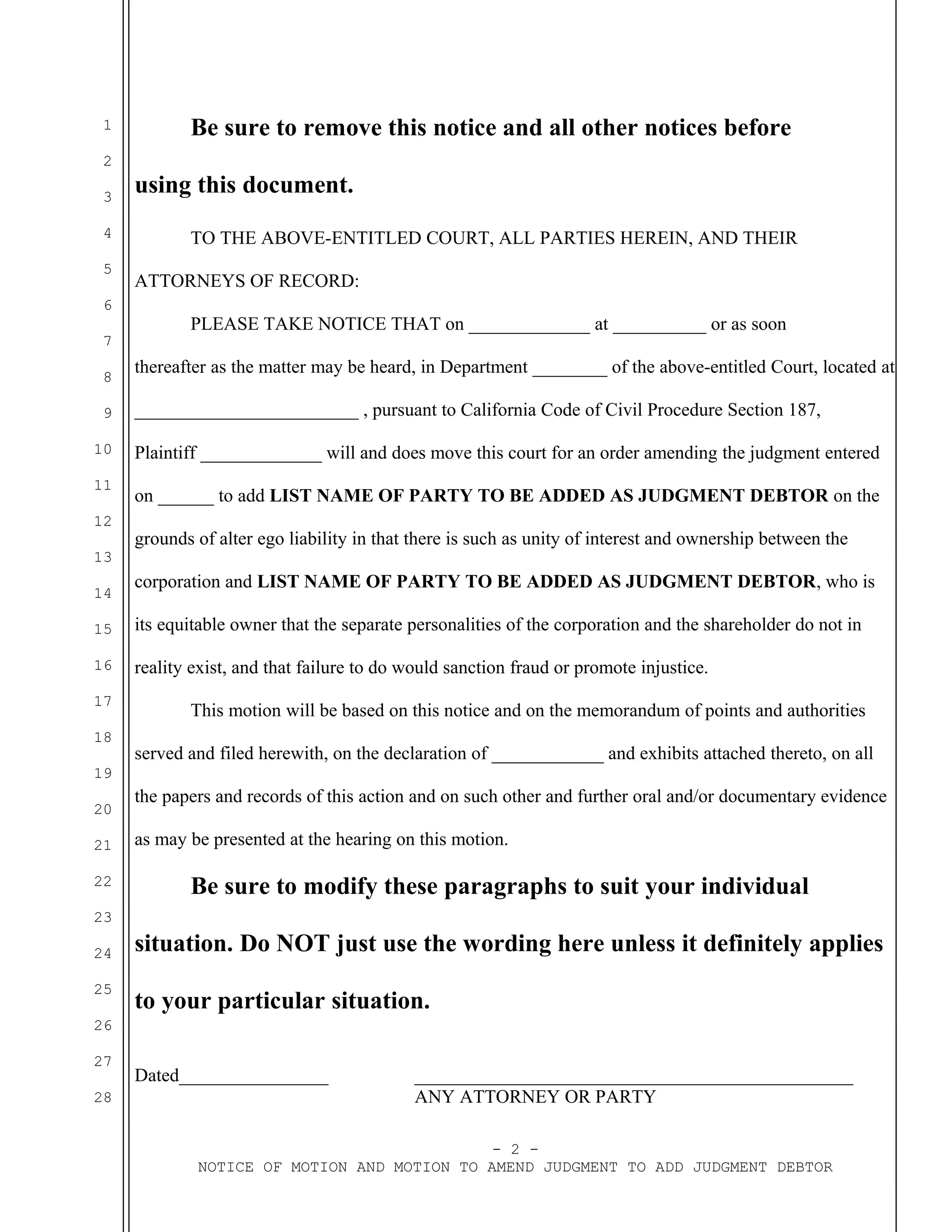 Sample California motion to amend judgment to add judgment debtor on alter ego liability | DOC