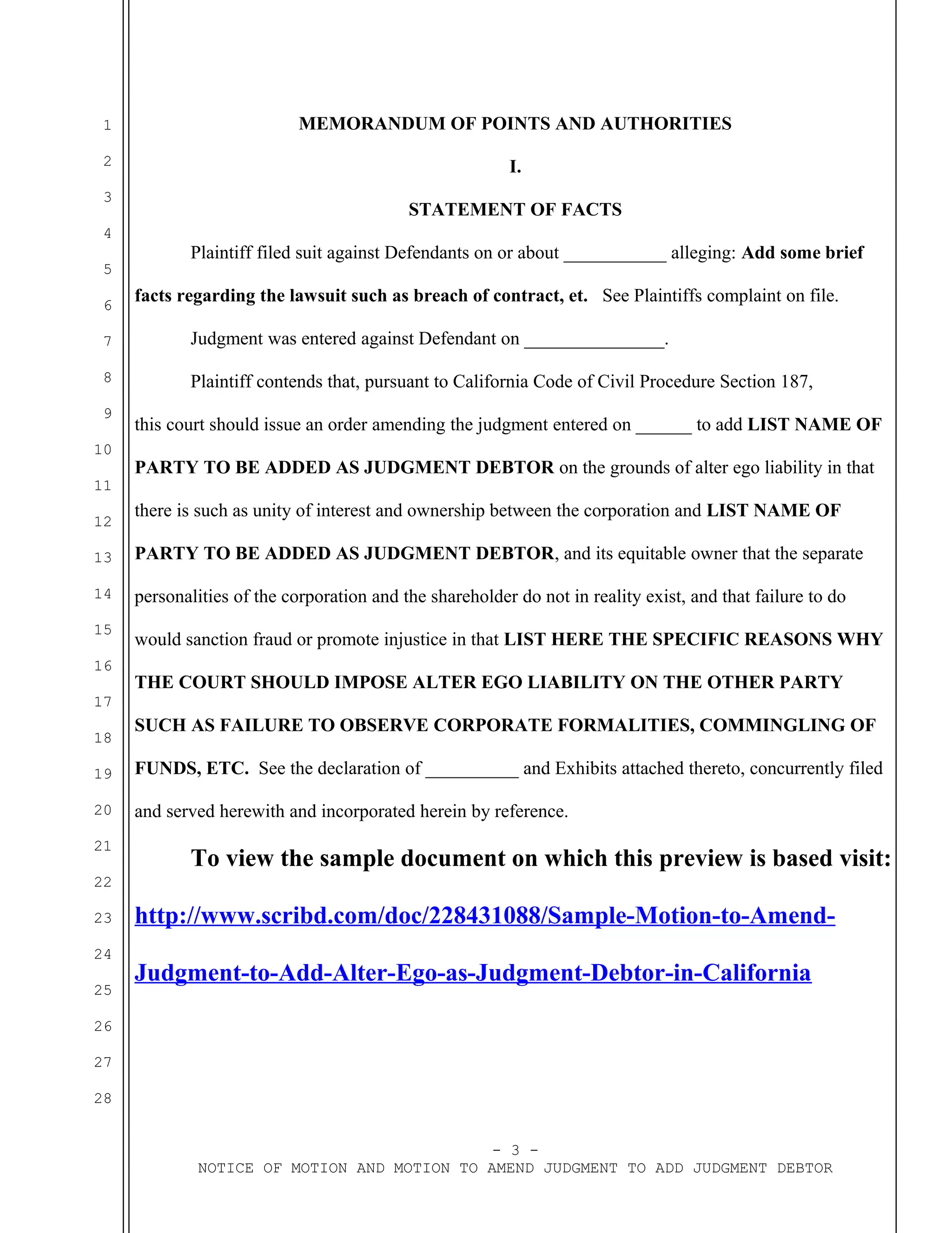 Sample California motion to amend judgment to add judgment debtor on ...