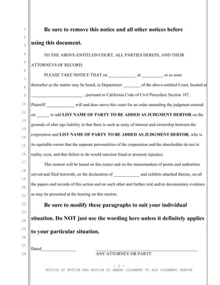 Sample California motion to amend judgment to add judgment debtor on ...