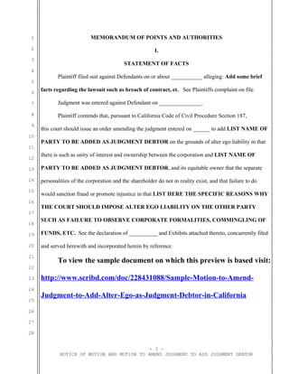 Sample California motion to amend judgment to add judgment debtor on ...