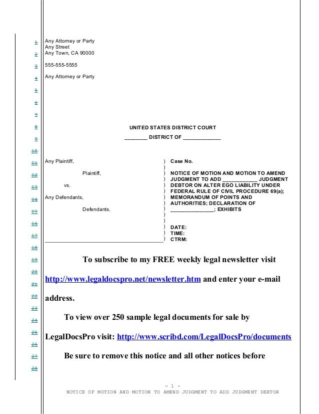 Sample motion to amend judgment to add alter ego as judgment debtor i…