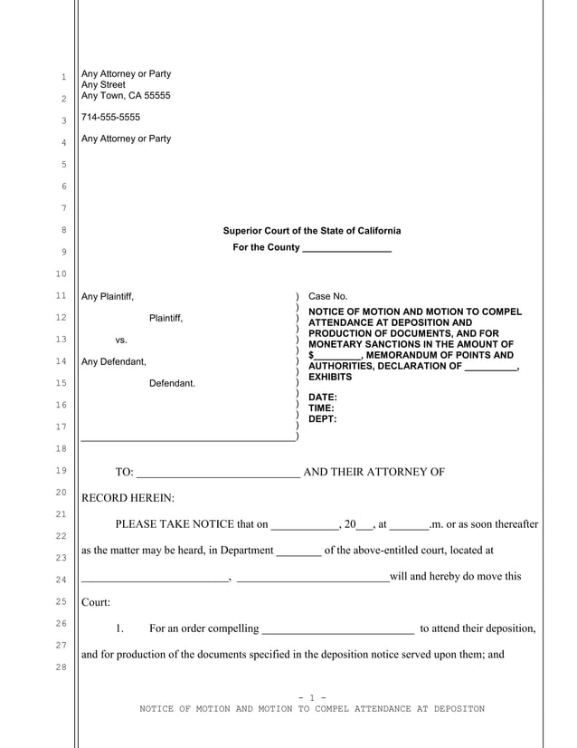 Sample California motion to compel attendance at deposition | DOC