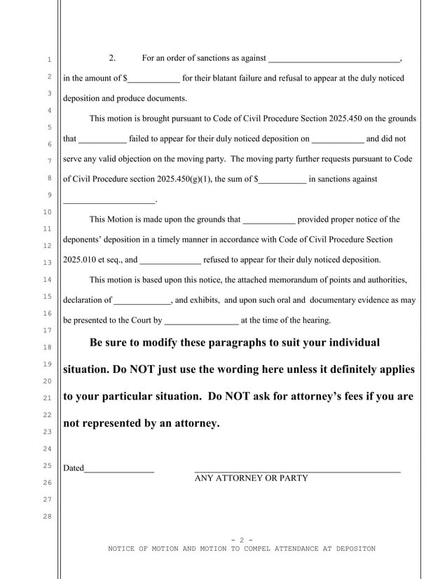Sample California motion to compel attendance at deposition | DOC