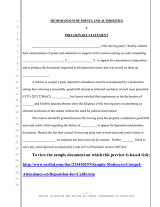 Sample California motion to compel attendance at deposition | DOC