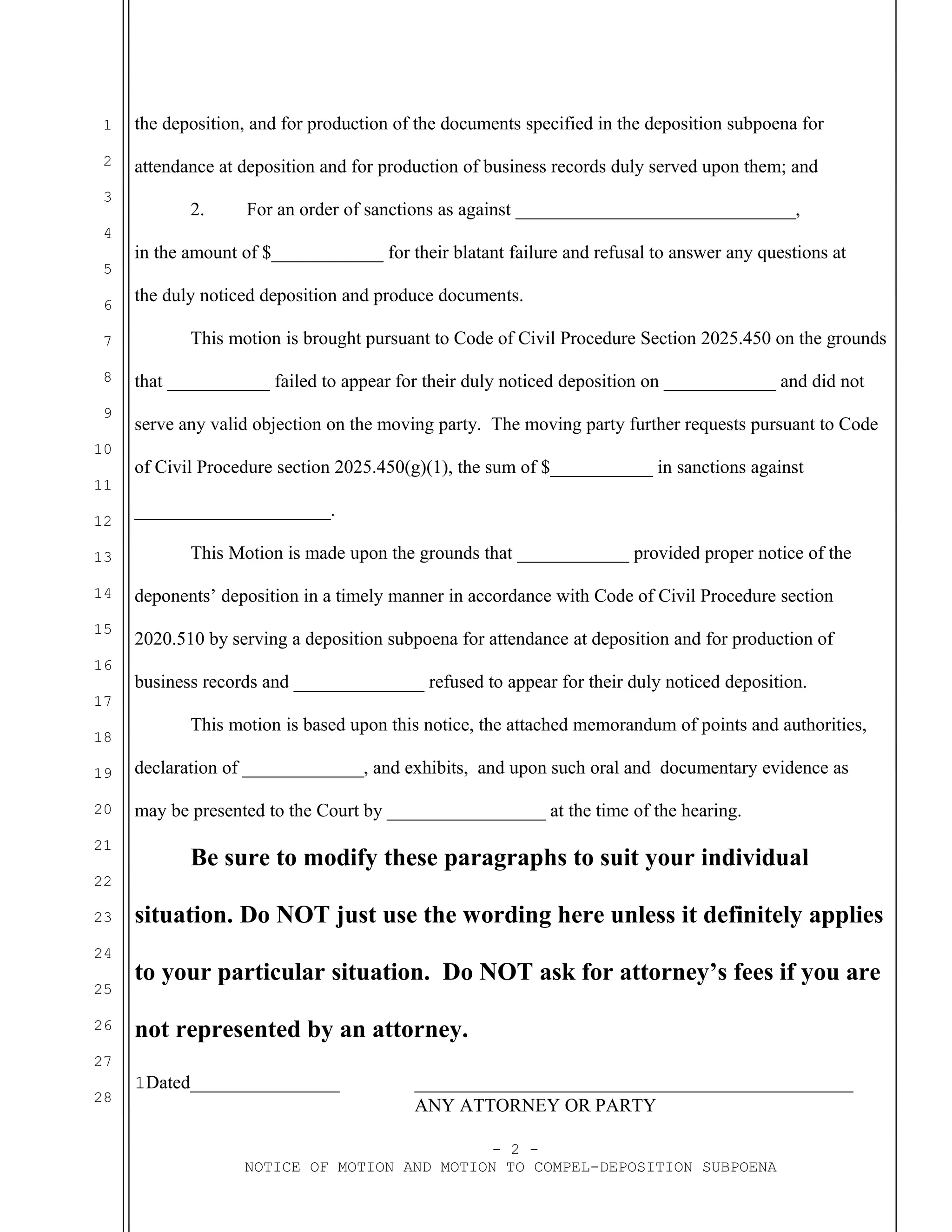Sample motion to compel deposition subpoena in california | DOC
