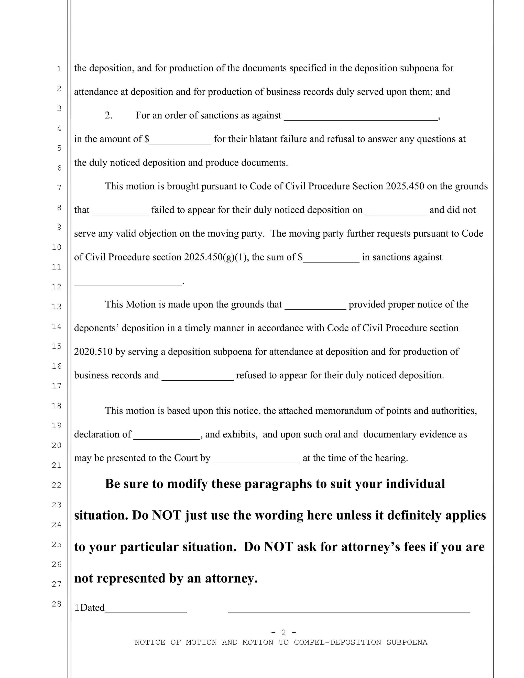 Sample motion to compel deposition subpoena in california | DOC