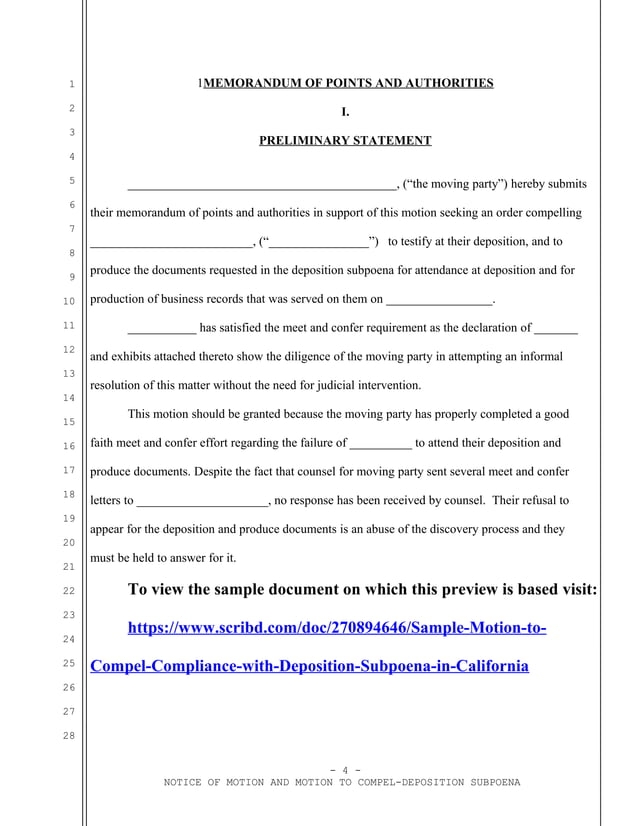 Sample motion to compel deposition subpoena in california | DOC | Law