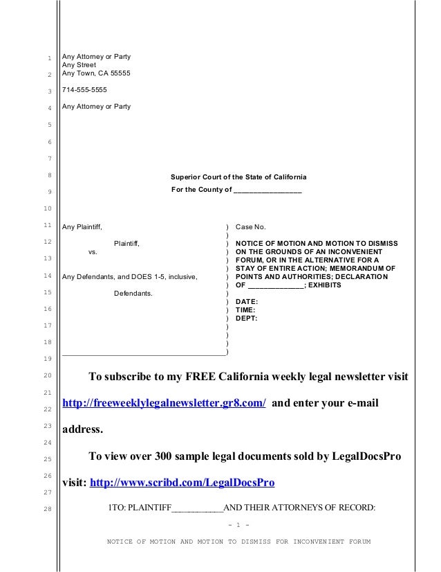 Sample motion to dismiss for inconvenient forum in california