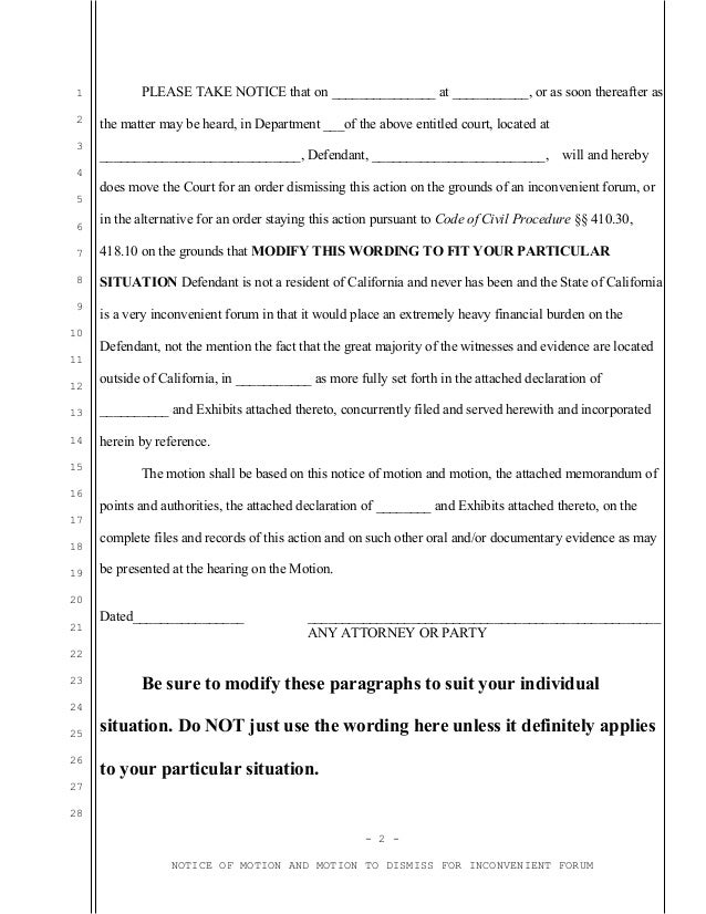 Sample motion to dismiss for inconvenient forum in california